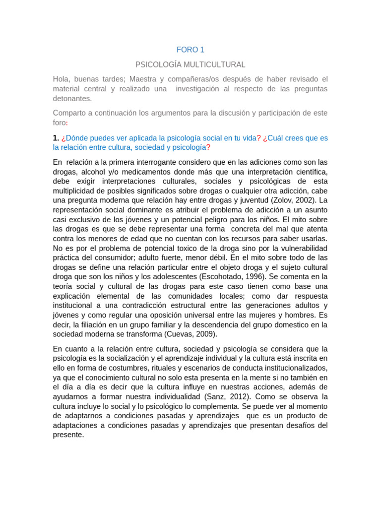 Foro 1 Psicologia Multicultural | PDF | Sicología | Psicología Social