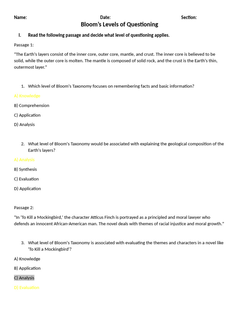 Bloom Levels of Questioning | PDF | To Kill A Mockingbird