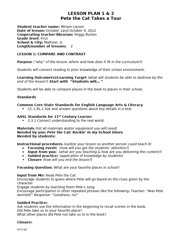 Pete The Cat Lesson 1st 121002164650 Phpapp02 | PDF | Learning | Curriculum