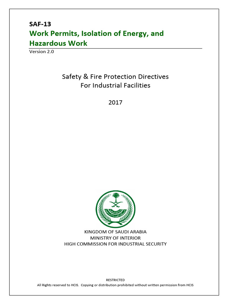Saf-13 Work Permits Isolation of Energy and Hazardous Work | PDF ...