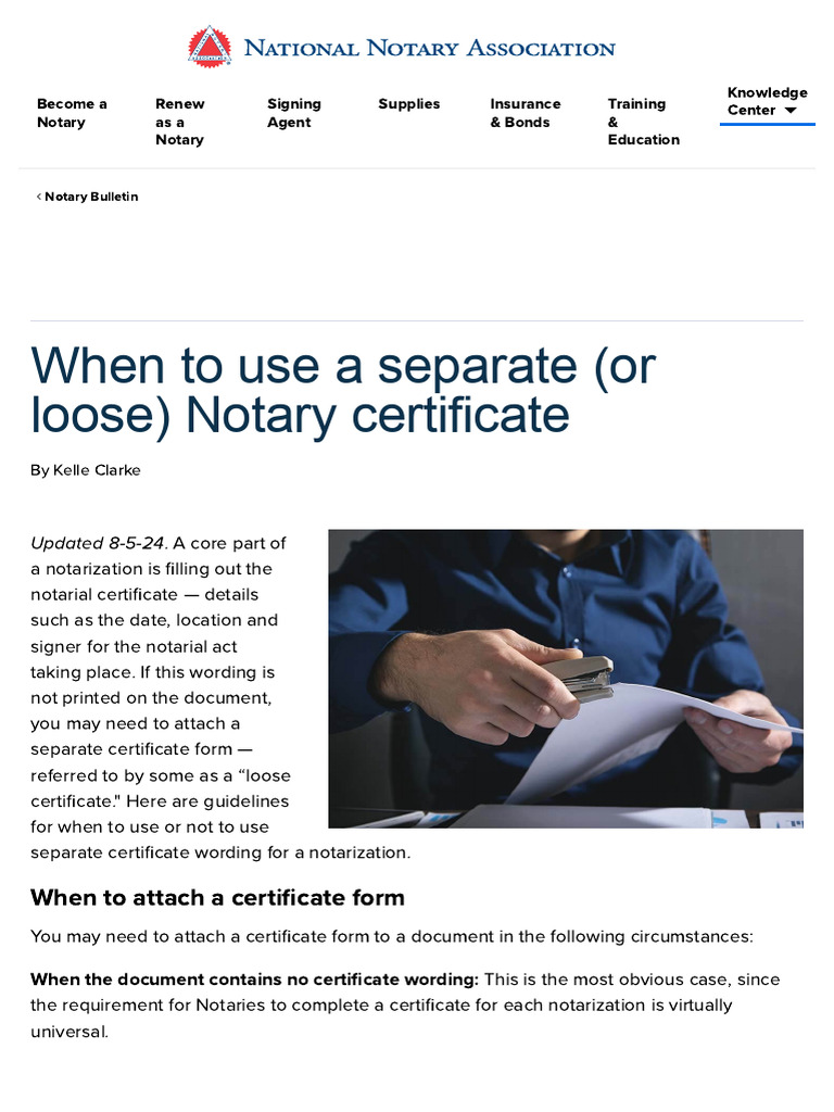 When To Use A Separate (Or Loose) Notary Certificate - NNA - 1 | PDF ...