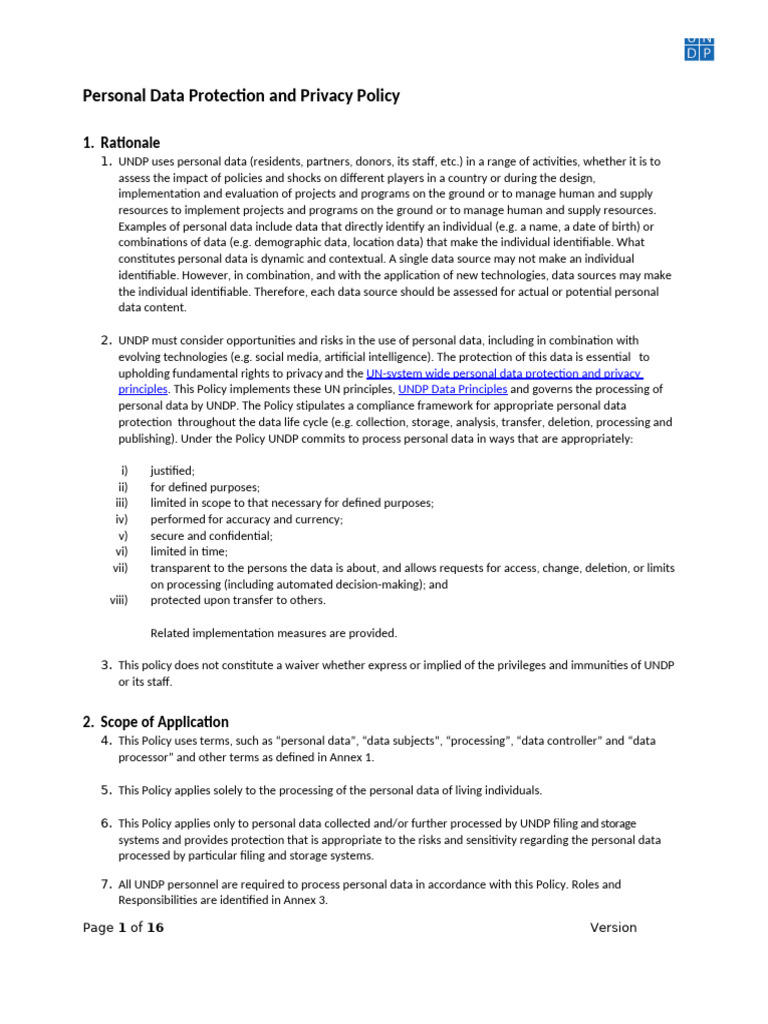 ICT - UNDP Personal Data Privacy Policy | PDF | Information Security | Policy