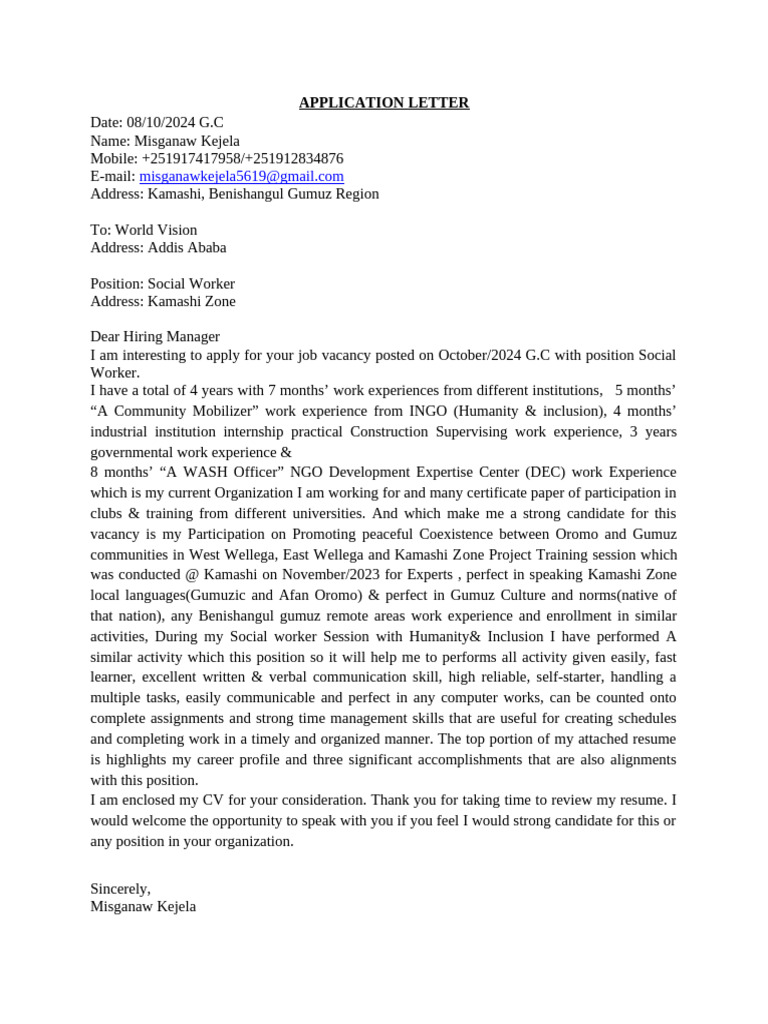 Cover Letter-World Vision | PDF