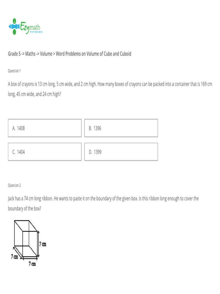 Year 5 - Maths Worksheet - Volume - Word Problems On Volume of Cube and ...