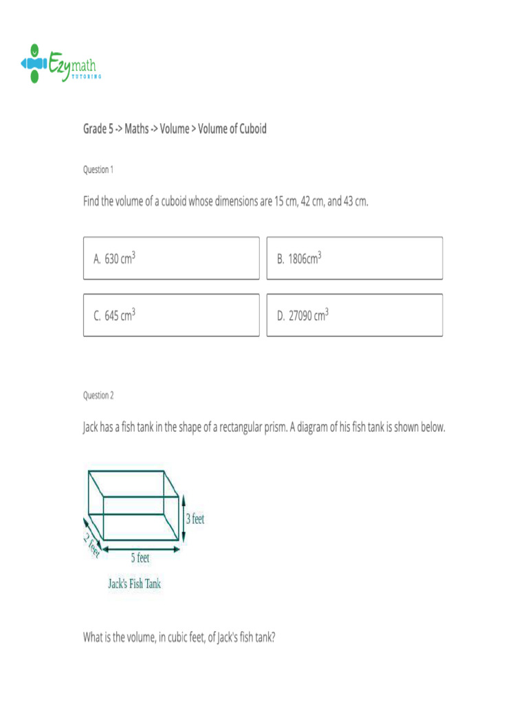 Year 5 - Maths Worksheet - Volume - Volume of Cuboid | PDF
