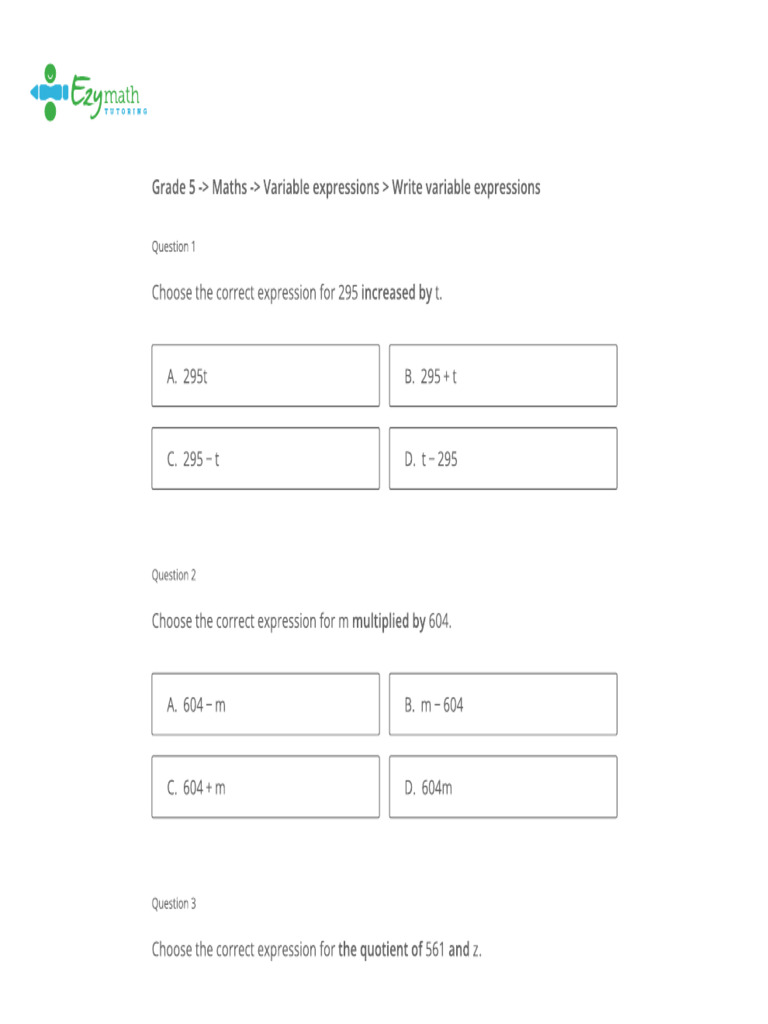 Year 5 - Maths Worksheet - Variable Expressions - Write Variable Expressions | PDF