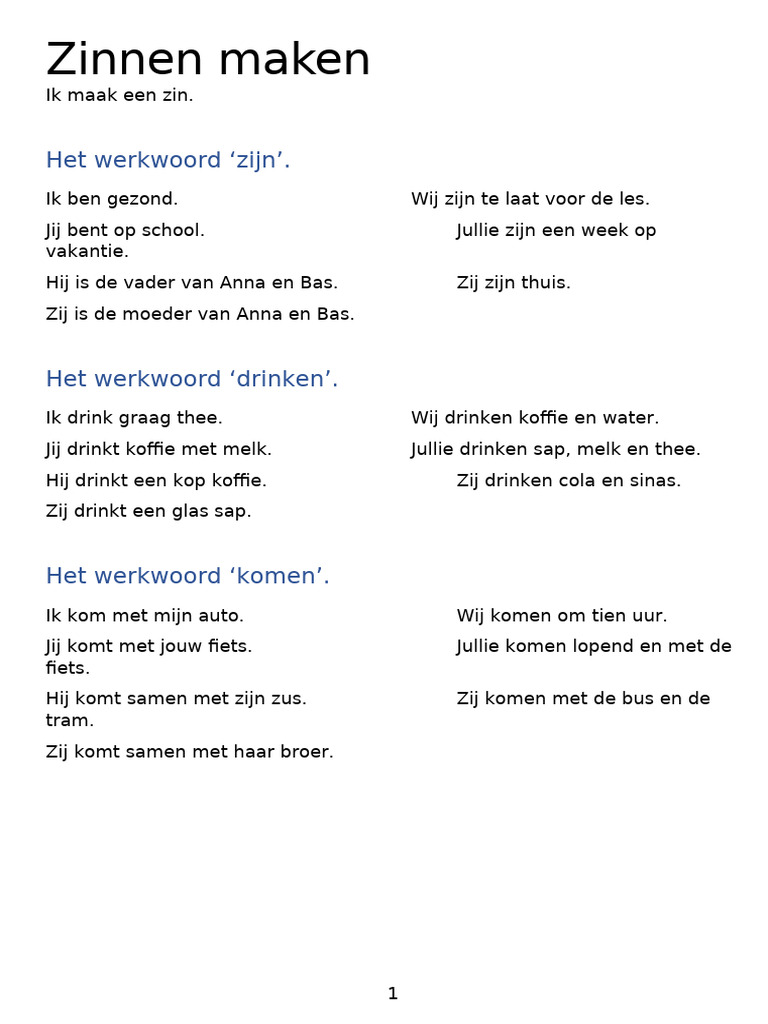 Zinnen Maken Met Zijn, Drinken, Komen - v2 | PDF