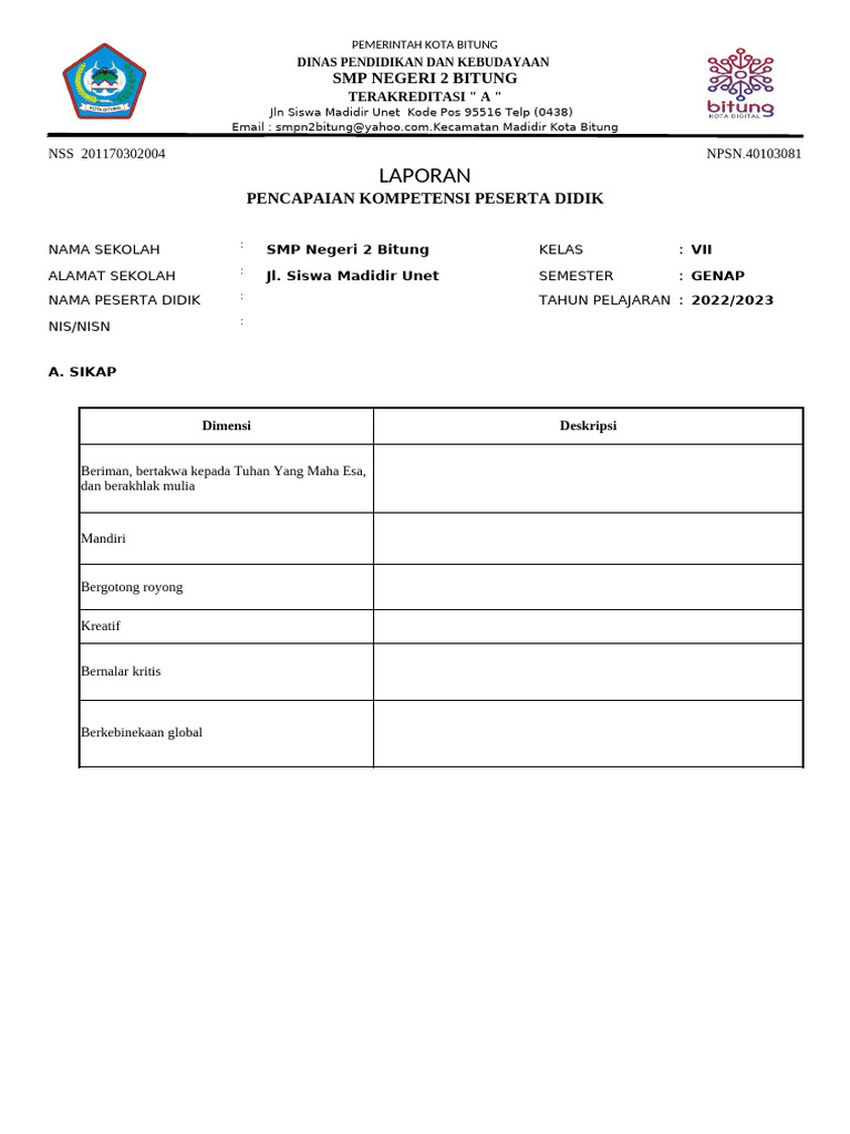 Format Raport Semester Genap Kelas Vii | PDF