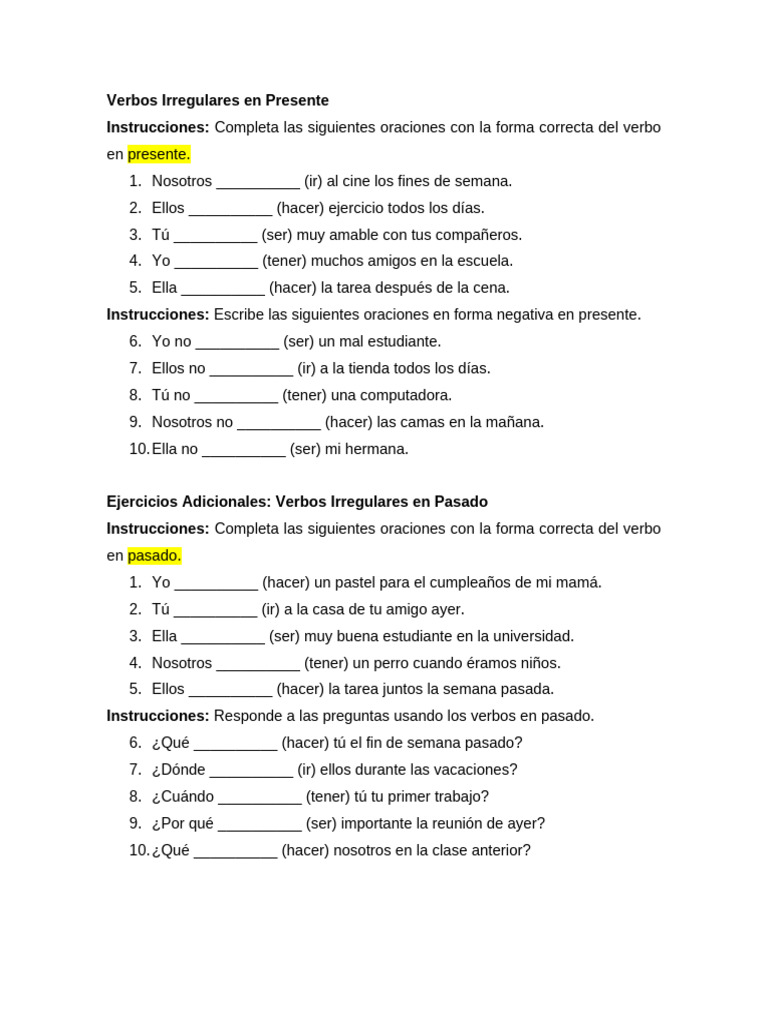 Verbos Irregulares en Presente - Ejercicio - TuGuiaEscolar | PDF