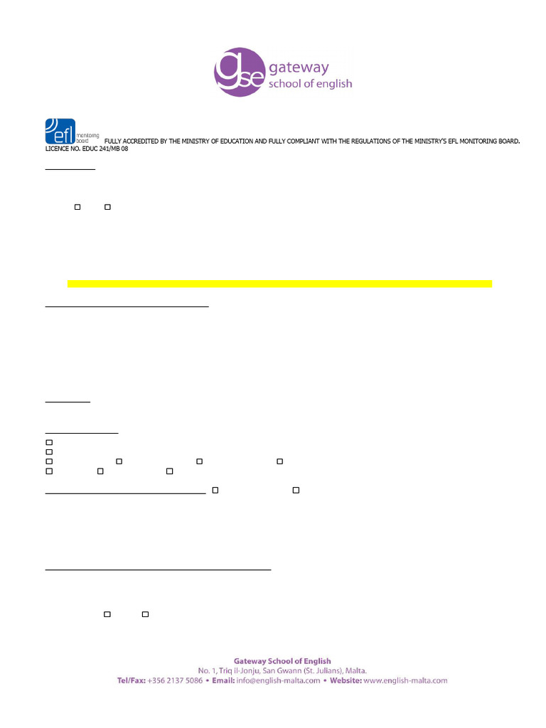 Gateway School of English GSE Student Enrolment Form ADULTS & FAMILY ...