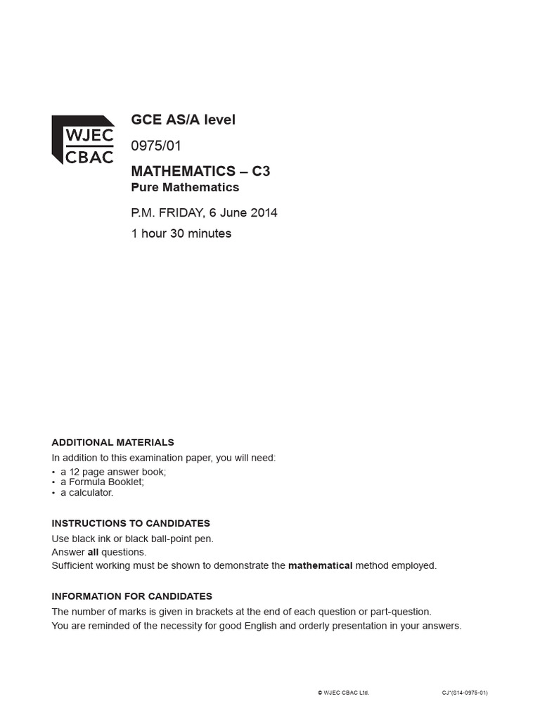 GCE A Level Mathematics C3 Exam Paper | PDF | Function (Mathematics ...