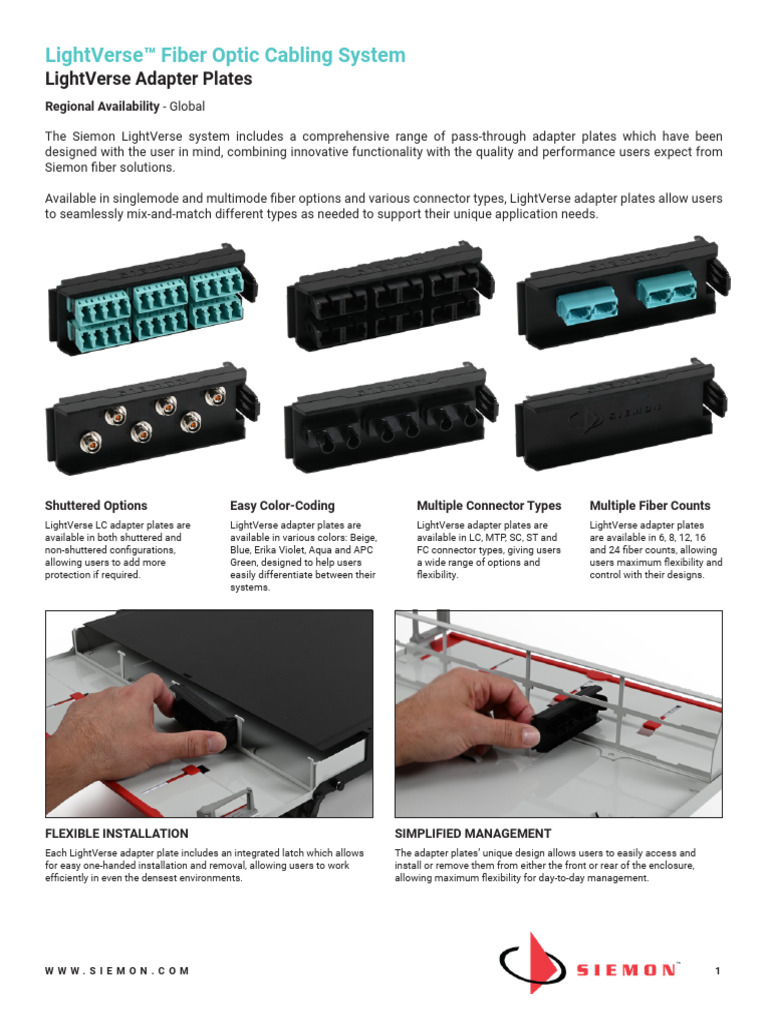 Siemon Lightverse Adapter Plates - Spec Sheet | PDF | Optical Fiber