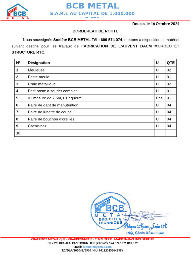 Bordereau de route - Matériel BCB Metal | PDF
