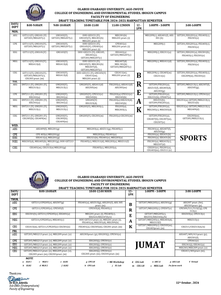 Updated Draft 2024-2025 Harmattan Semester Teaching Time Table | PDF