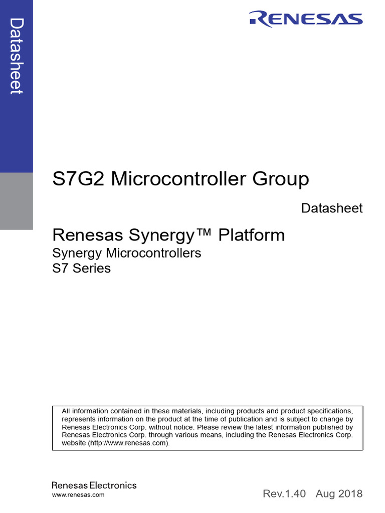 S7G2 Microcontroller Group: Renesas Synergy™ Platform | PDF | Usb | Analog To Digital Converter