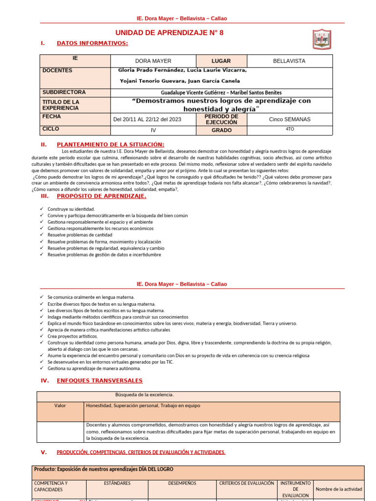 UNIDAD DE APRENDIZAJE N°8 | PDF | Fe | Evaluación