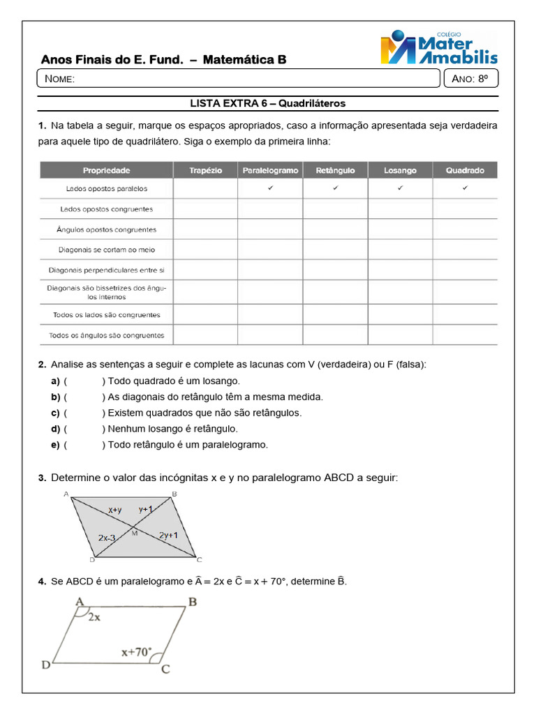 Lista 6 - Quadriláteros | PDF | Geometria Elementar
