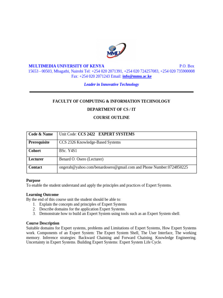 Expert Systems Course Outline at MMU | PDF | Expert | System