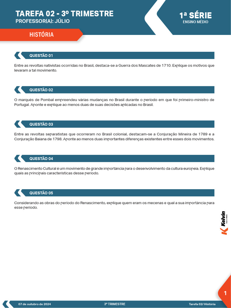 (07.10) História - Tarefa 02 - 1 Série - 3º Trimestre | PDF