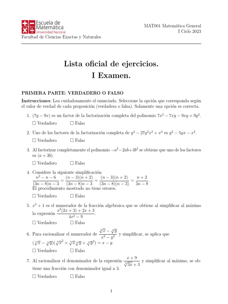 Lista Oficial de Ejercicios I Examen | PDF | Factorización | Álgebra