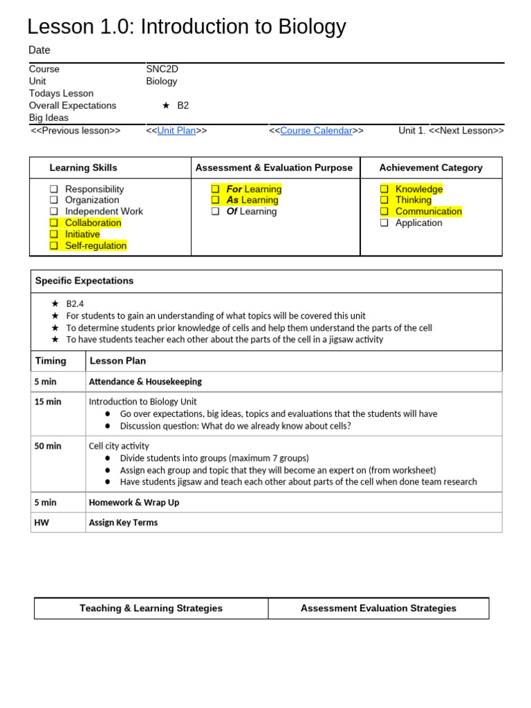 L1.0 Introduction To Biology | PDF | Lesson Plan | Cognition