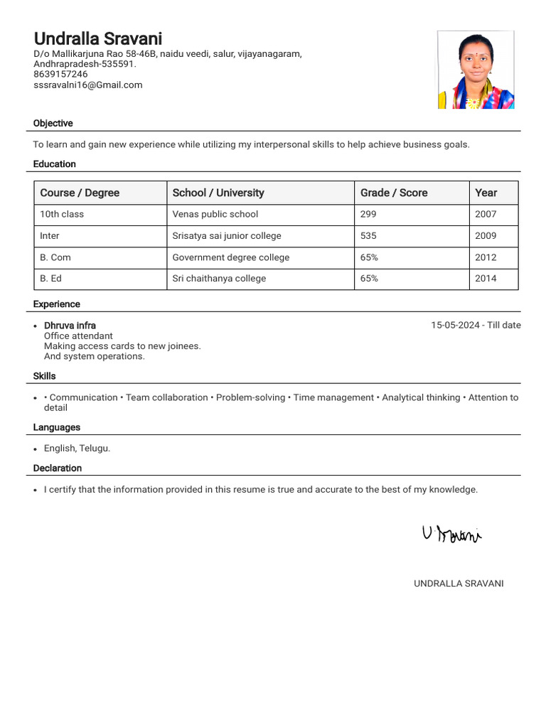 Resume of Undralla Sravani | PDF | Career & Growth