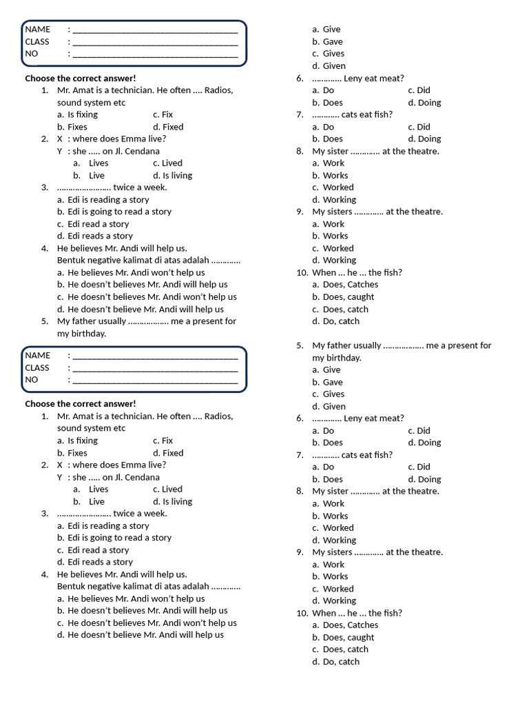 soal simple present tense | PDF | Linguistics | Grammar