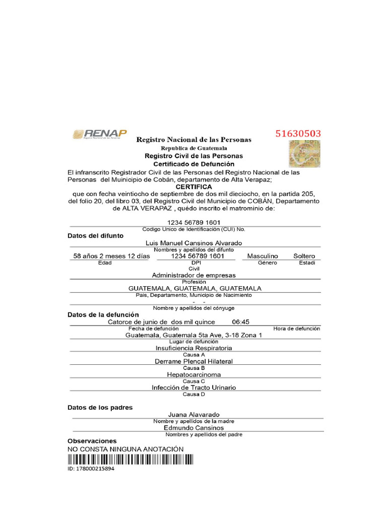 Certificado de Defuncion | PDF