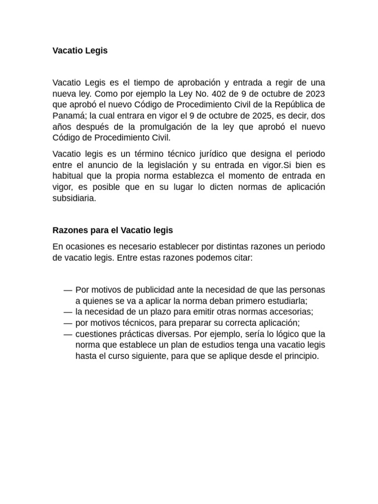 Ejemplos y Concepto de Vacatio Legis | PDF | Derecho