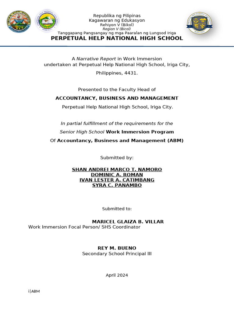 ABM Work Immersion Report 2024 | PDF | Wellness