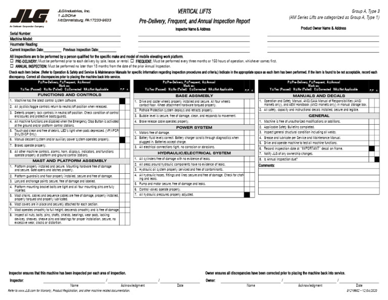 JLG Vertical Lifts Inspection Checklist | PDF | Manufactured Goods ...