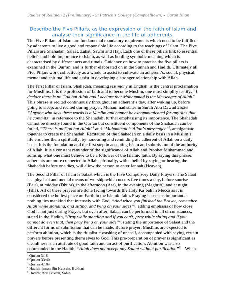 Islam Five Pillars - Essay (Sarah Khan) | PDF | Quran | Islam
