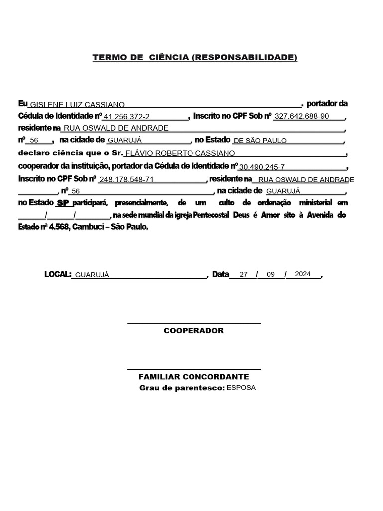 MODELO TERMO DE ClÊNCIA em Branco | PDF