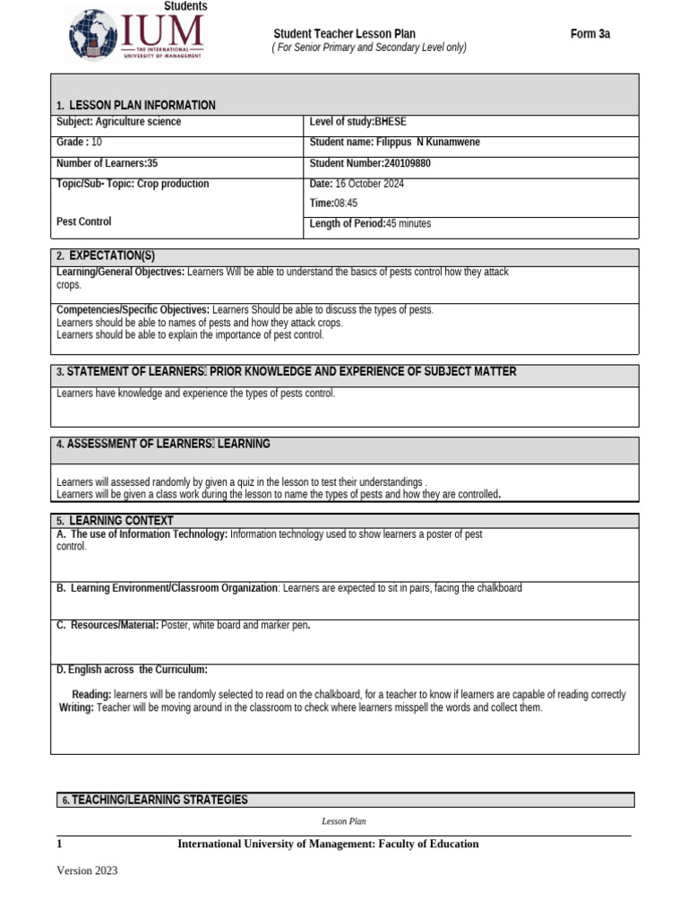 IUM Lesson Plan Template for Secondary and Senior Primary Only | PDF | Lesson Plan | Learning