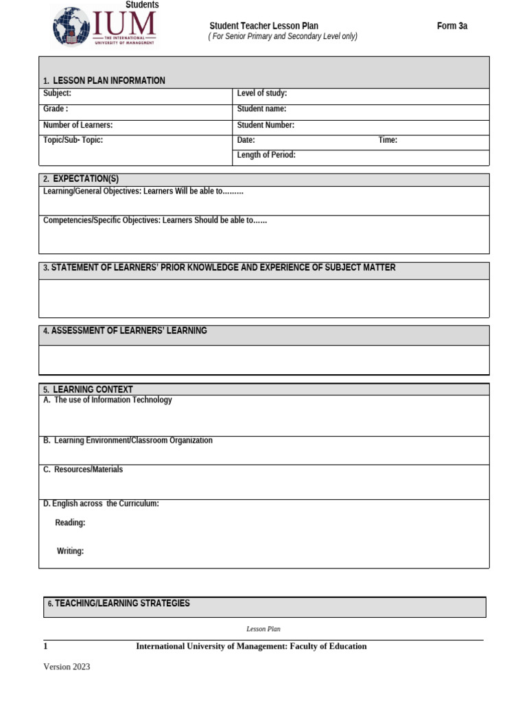 IUM Lesson Plan Template For Secondary and Senior Primary Only-2 | PDF