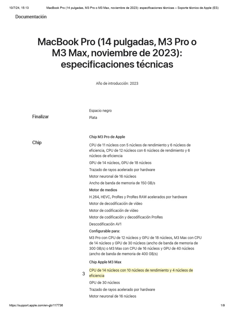 MacBook Pro (14 Pulgadas, M3 Pro o M3 Max, Noviembre de 2023) - Especificaciones Técnicas ...