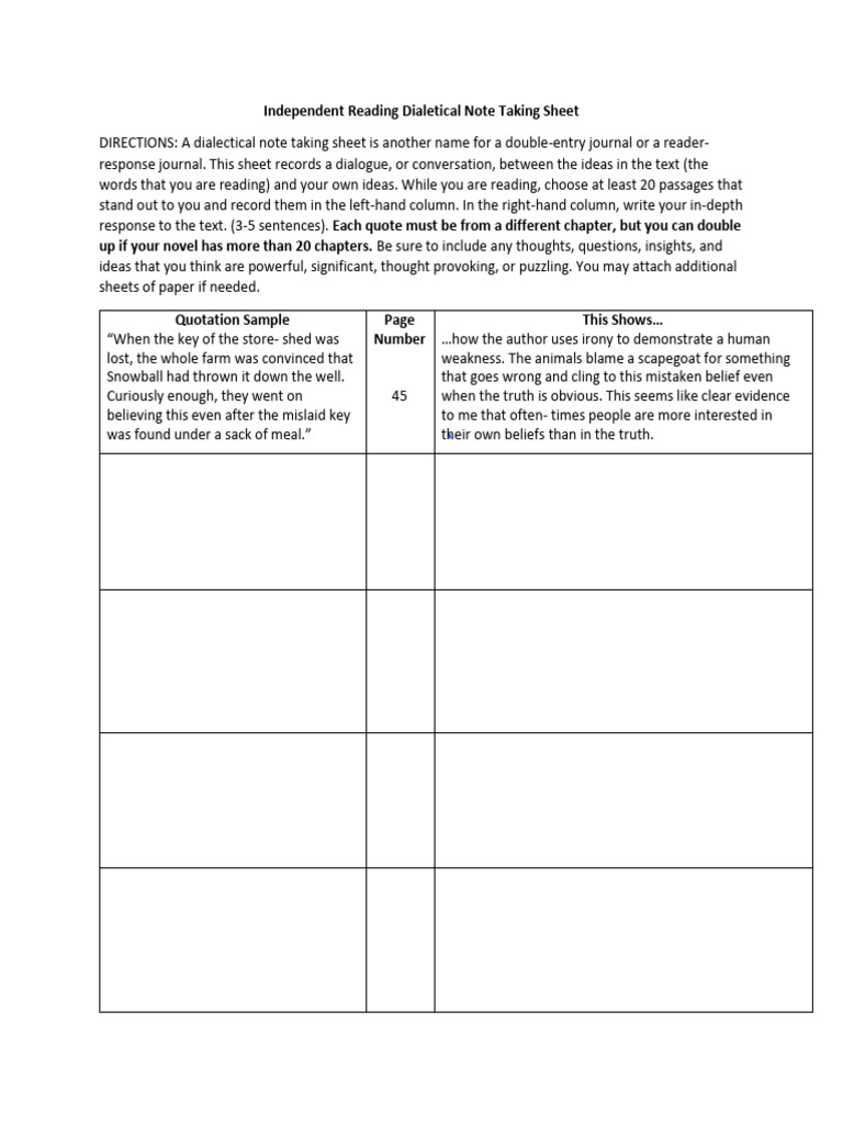 Independent Reading Dialetical Note Taking Sheet-1 | PDF | Dialectic