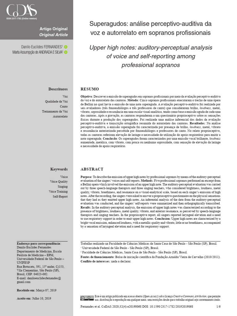 Superagudos - Análise Perceptivo-Auditiva Da Voz e Autorrelato em Sopranos Profissionais | PDF ...