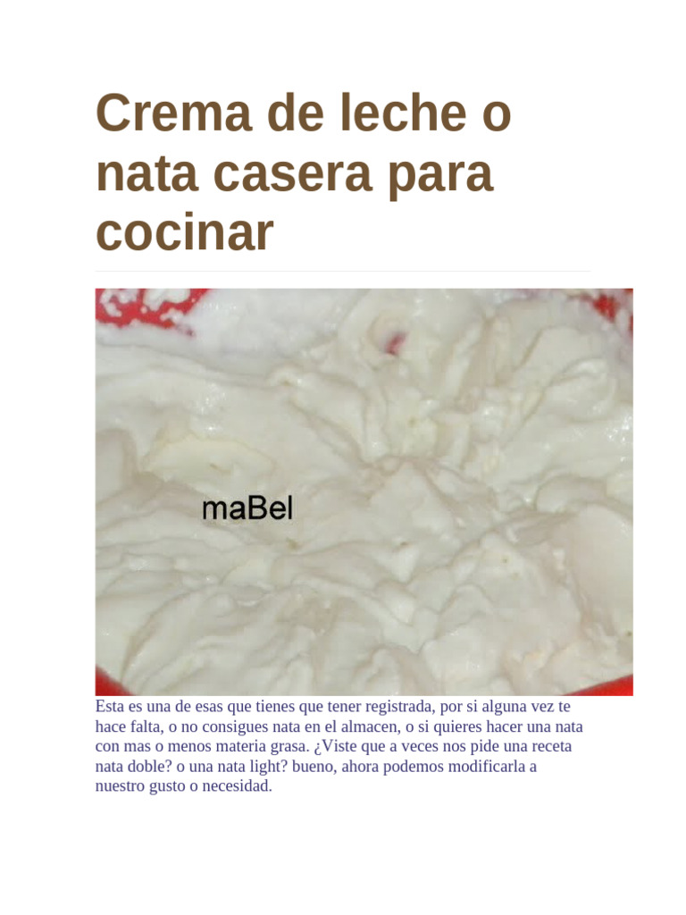 Crema de Leche o Nata Casera para Cocinar | PDF | Crema | Pasteles