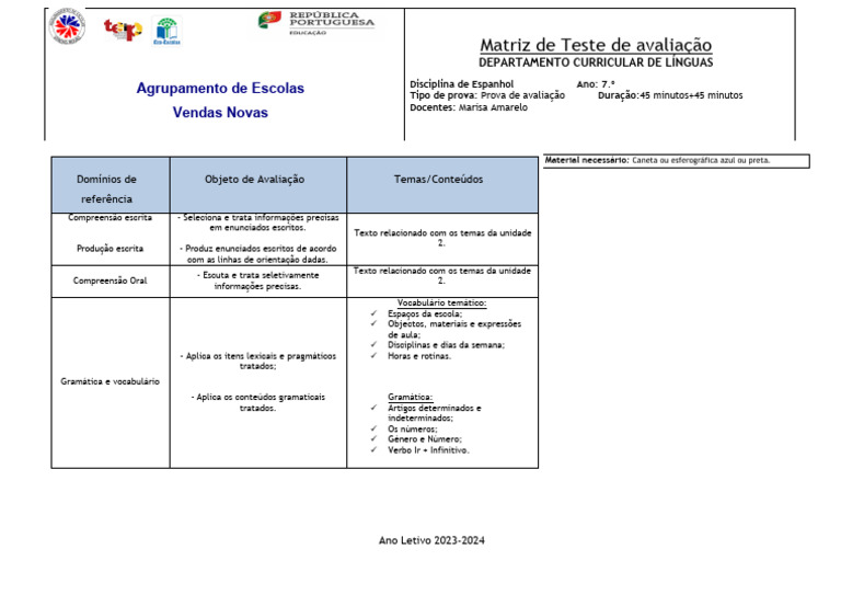 Httpsmoodle - Aevn.ptpluginfile - Php96215mod Resourcecontent1Matriz Esp 7ºano202 PDF | PDF ...