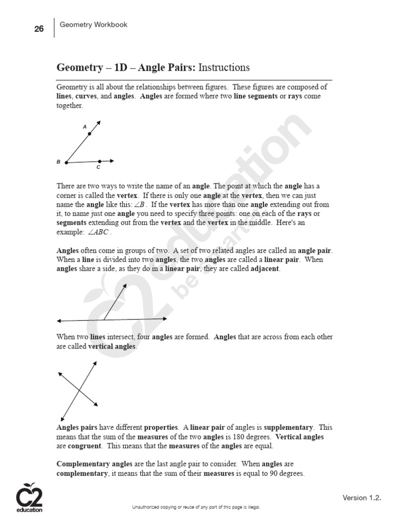 Geometry - 1D (In Class) Angle Pairs | PDF | Angle | Line (Geometry)