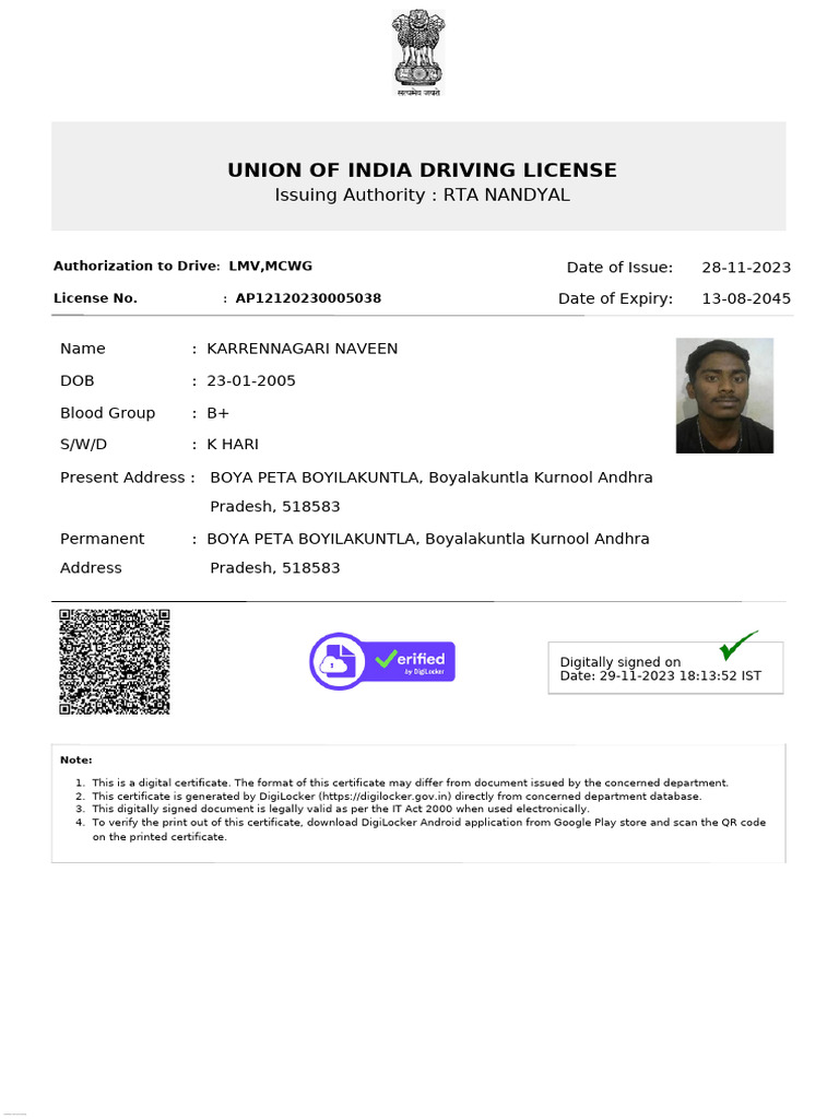 Union of India Driving License Details | PDF