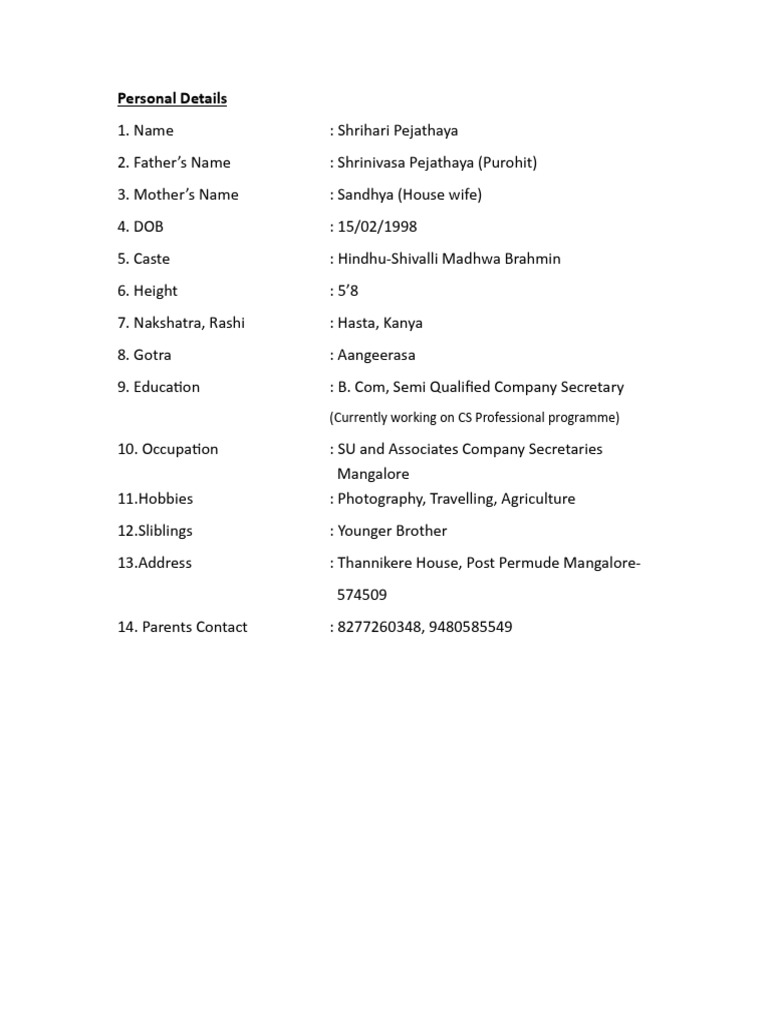 Shrihari Pejathaya Personal Profile | PDF