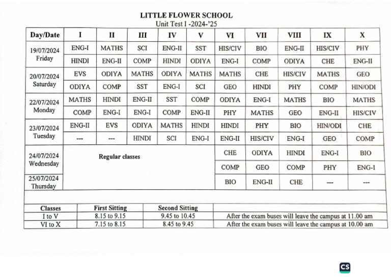 Unit Test Time Table | PDF