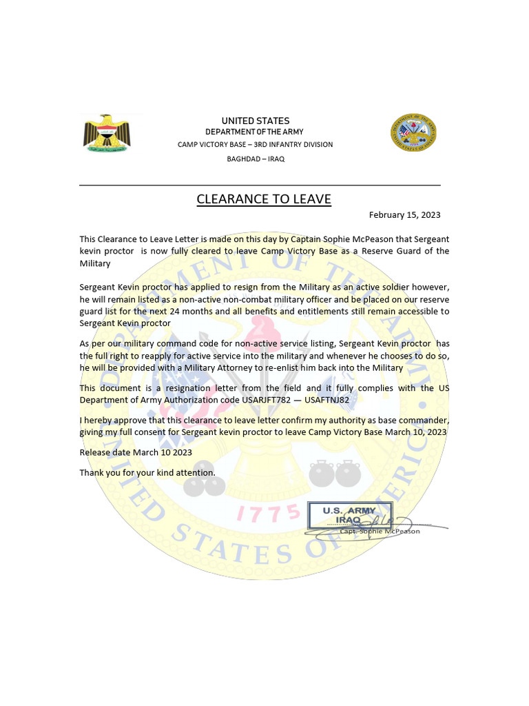 Clearance to Leave: Sgt. Kevin Proctor | PDF