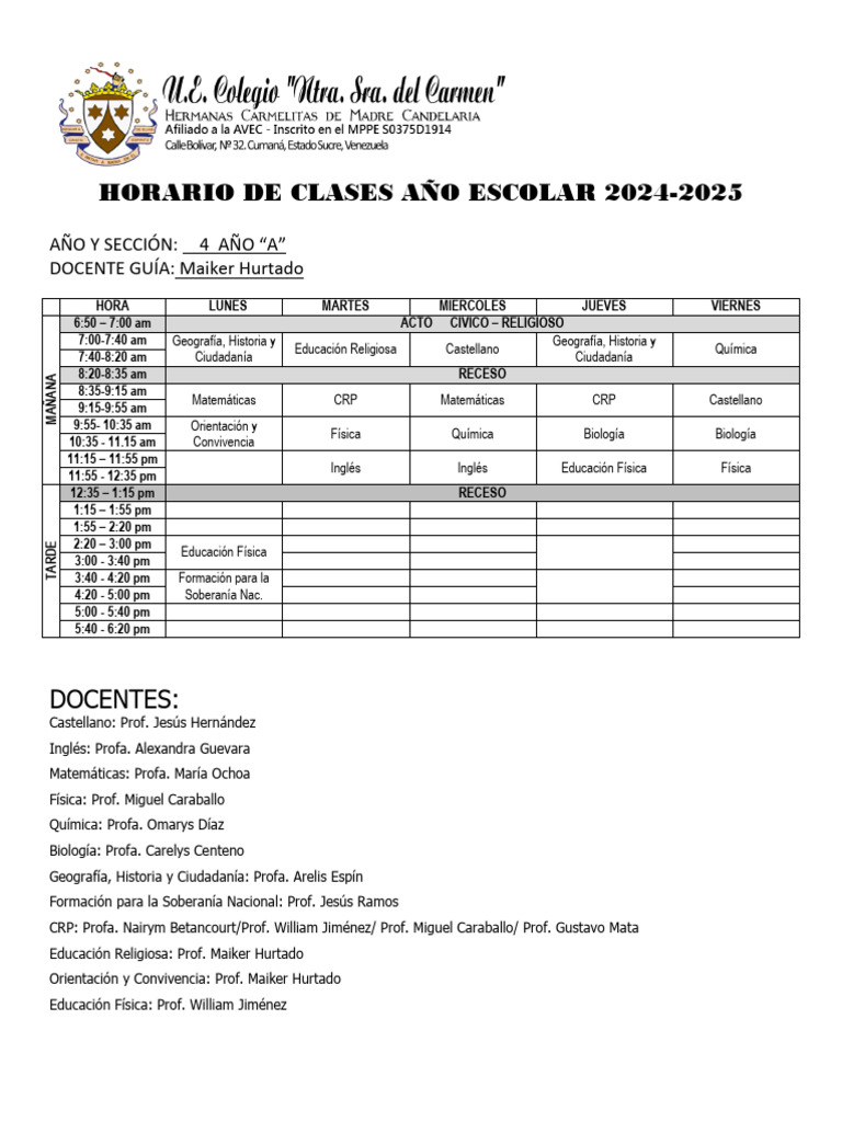 Horario Clases 4° Año "A" 2024-2025 | PDF