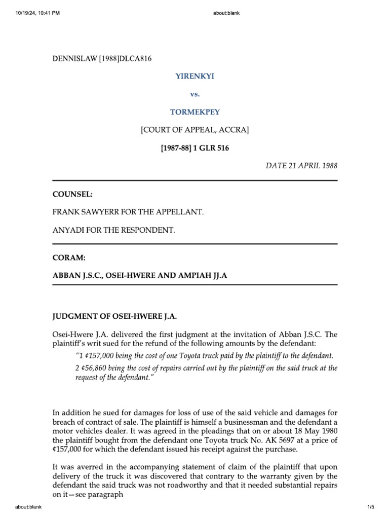 Yirenkyi vs. Tormekpey (1988) Dlca816 | PDF