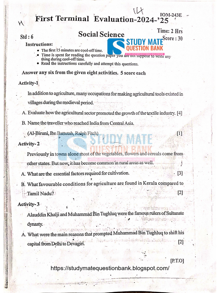 Study Mate Question Bank - Class 6 Social Science (EM) - First Term ...