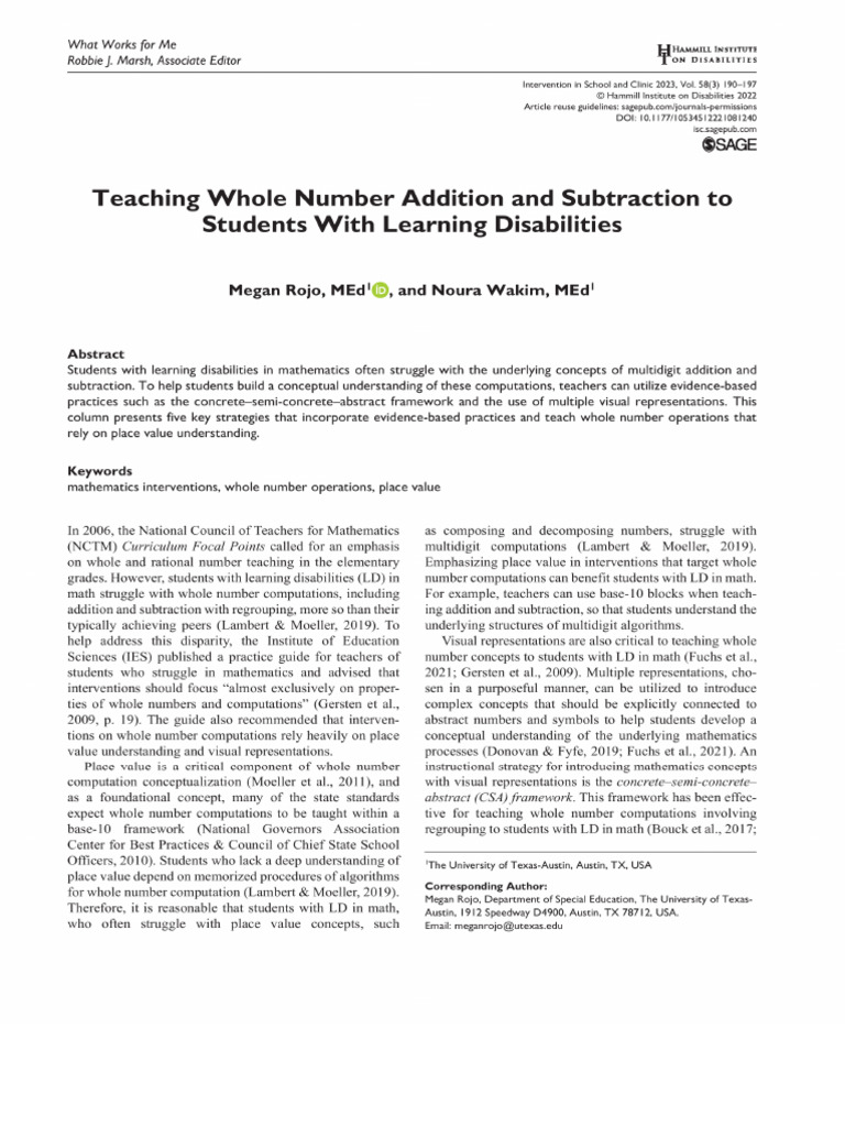 Teaching Whole Number Addition and Subtraction To Students With Learning Disabilities (Article ...