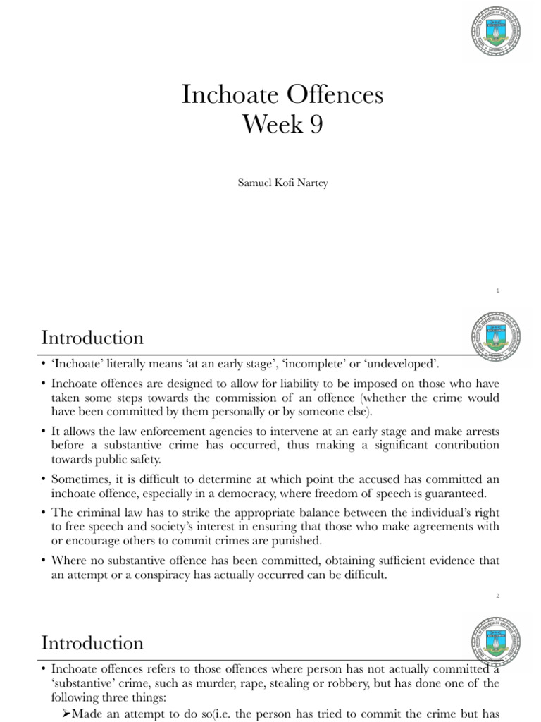 Week 9 - Inchoate Offences | PDF | Aiding And Abetting | Mens Rea